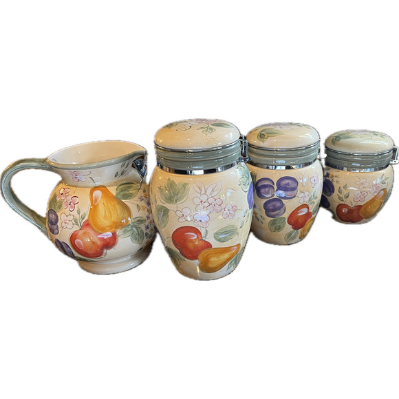Home | Kitchen | Vtg Home Ceramic Apple Pear Grapes Fruit Canister Set ...